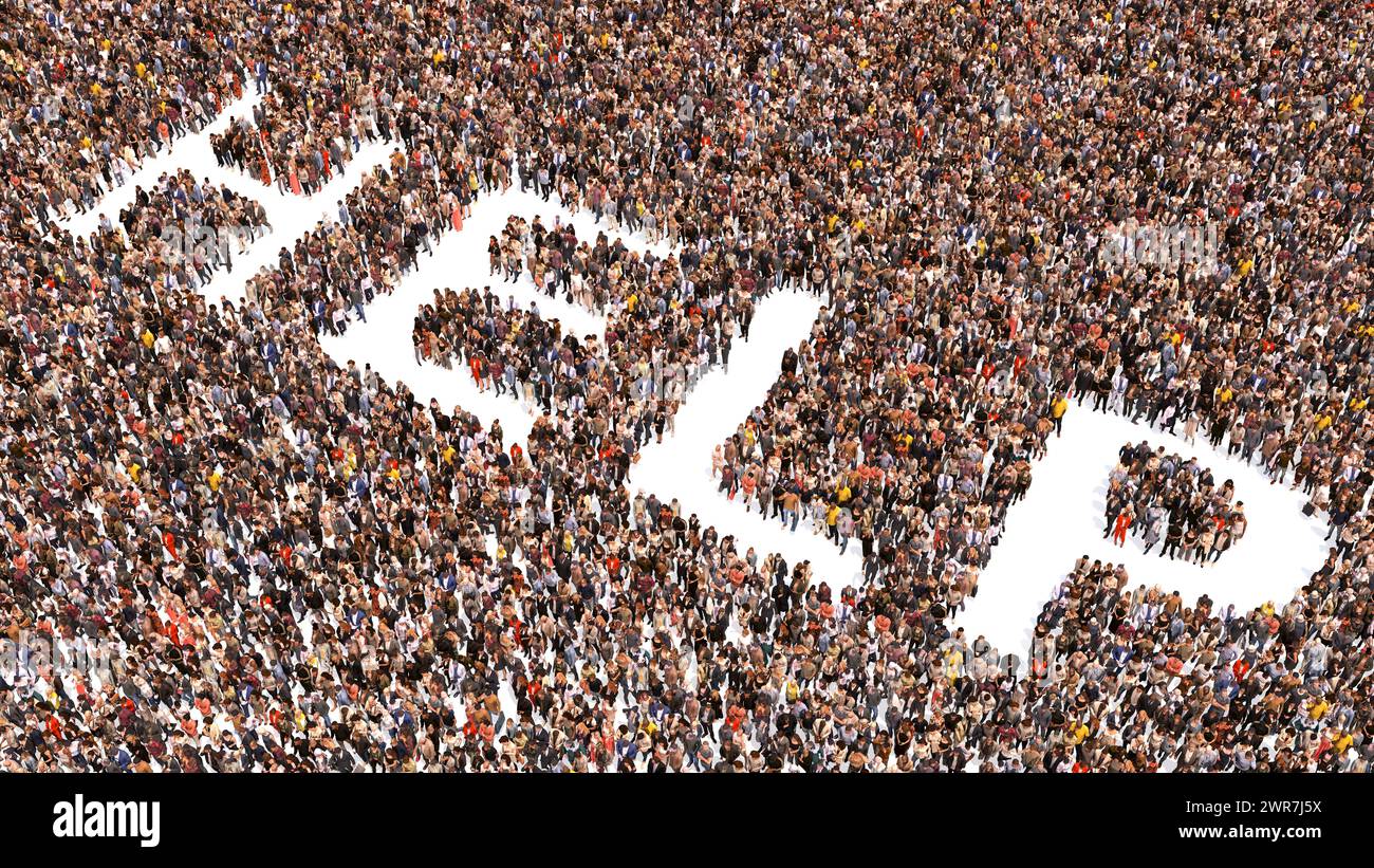 Conceptual large community of people forming HELP slogan. 3d ...