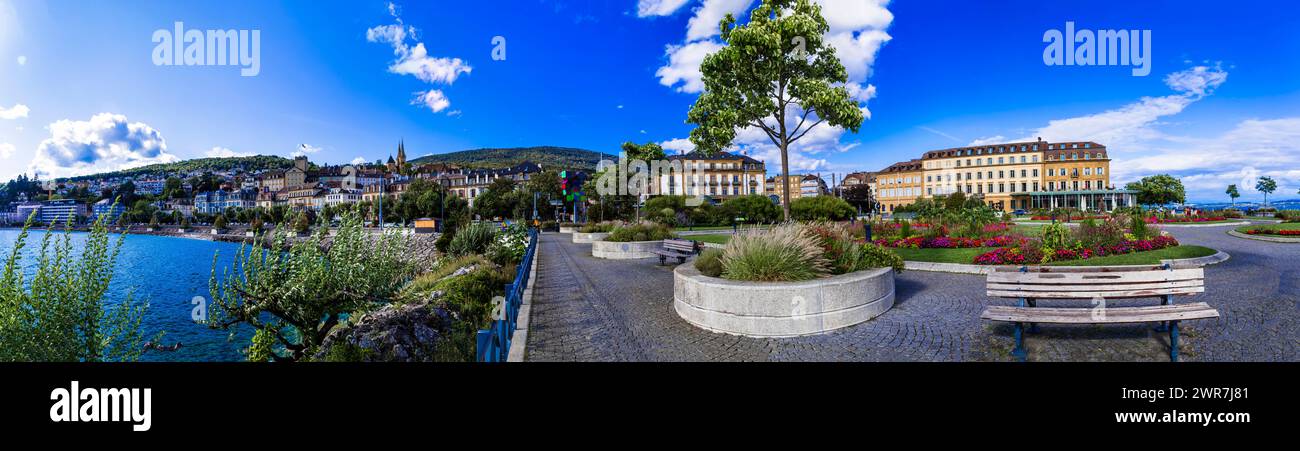 Switzerland . scenic Neuchatel town, lake and canton. Swiss travel ...