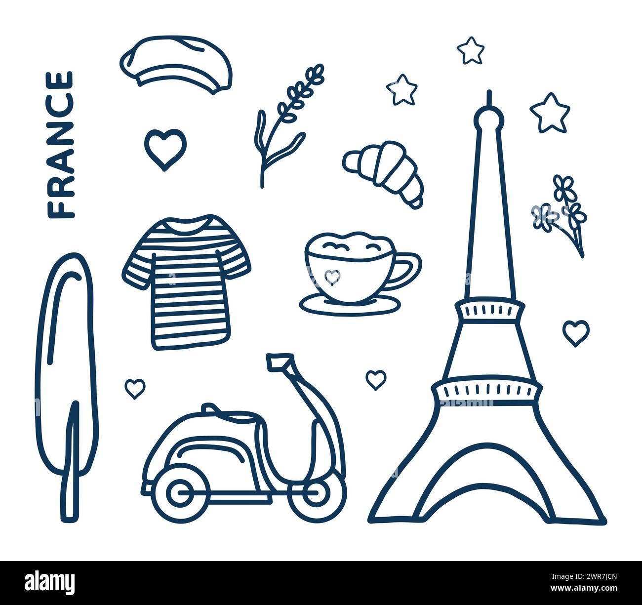 Set Paris Travel Doodle Line Art vector Illustration. Hand Drawn. For ...