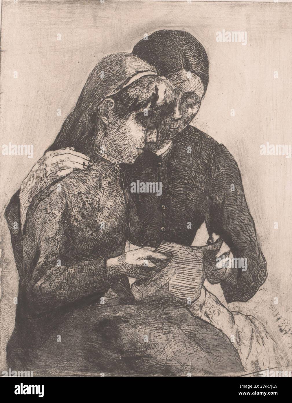 Two seated women read a letter together, print maker: Willem Albracht ...