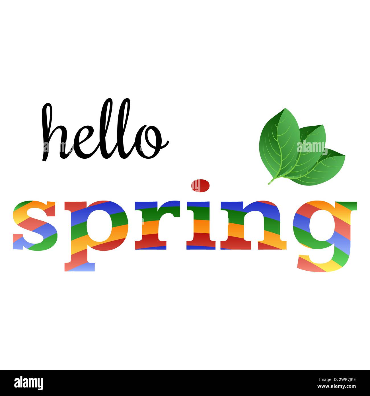 Сolorful phrase Hello Spring with green leaves. Vector illustration ...
