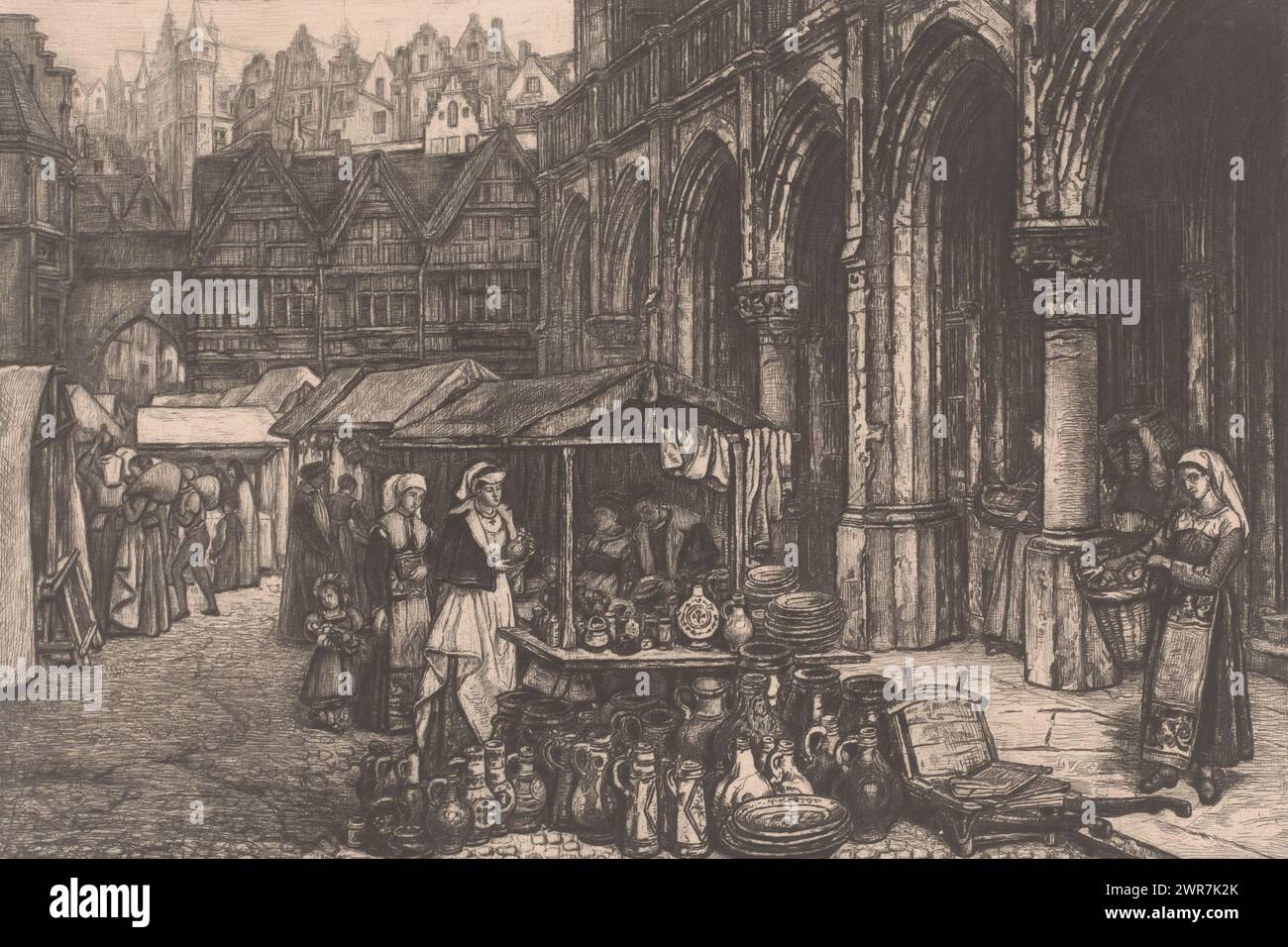 Medieval market with ceramics stall, print maker: Théodore Joseph Cleynhens, 1851 - 1909, paper ...