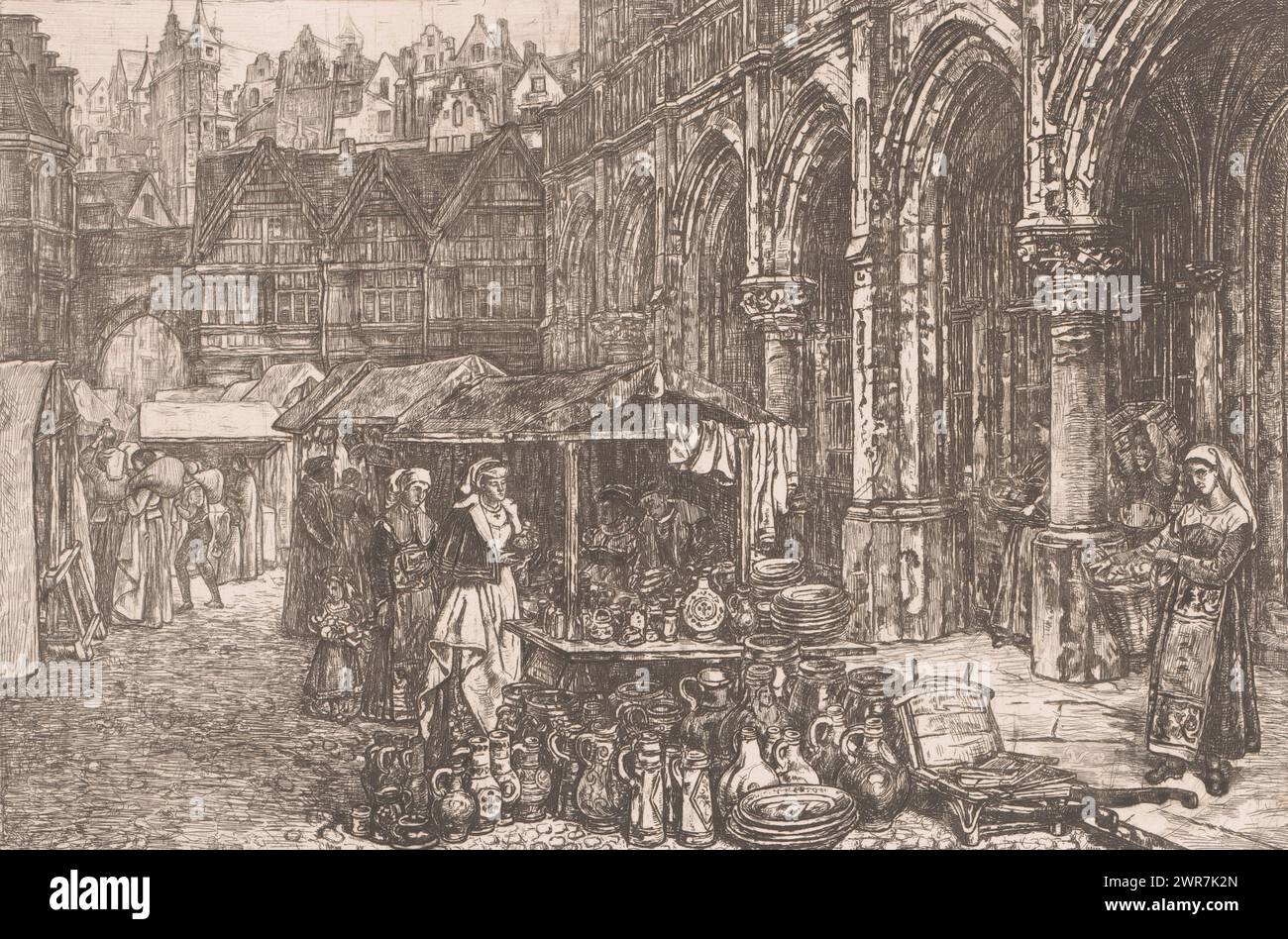 Medieval market with ceramics stall, print maker: Théodore Joseph Cleynhens, 1851 - 1909, paper ...