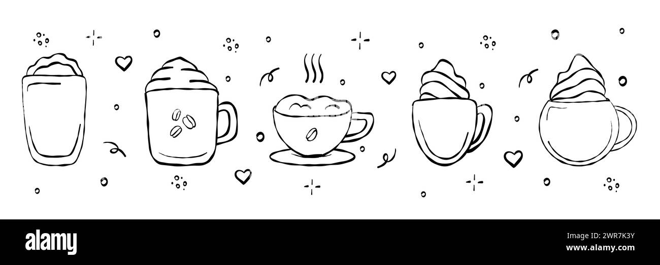 Hand drawn set of different types coffee beverage. Doodle vector illustrations isolated on white ...