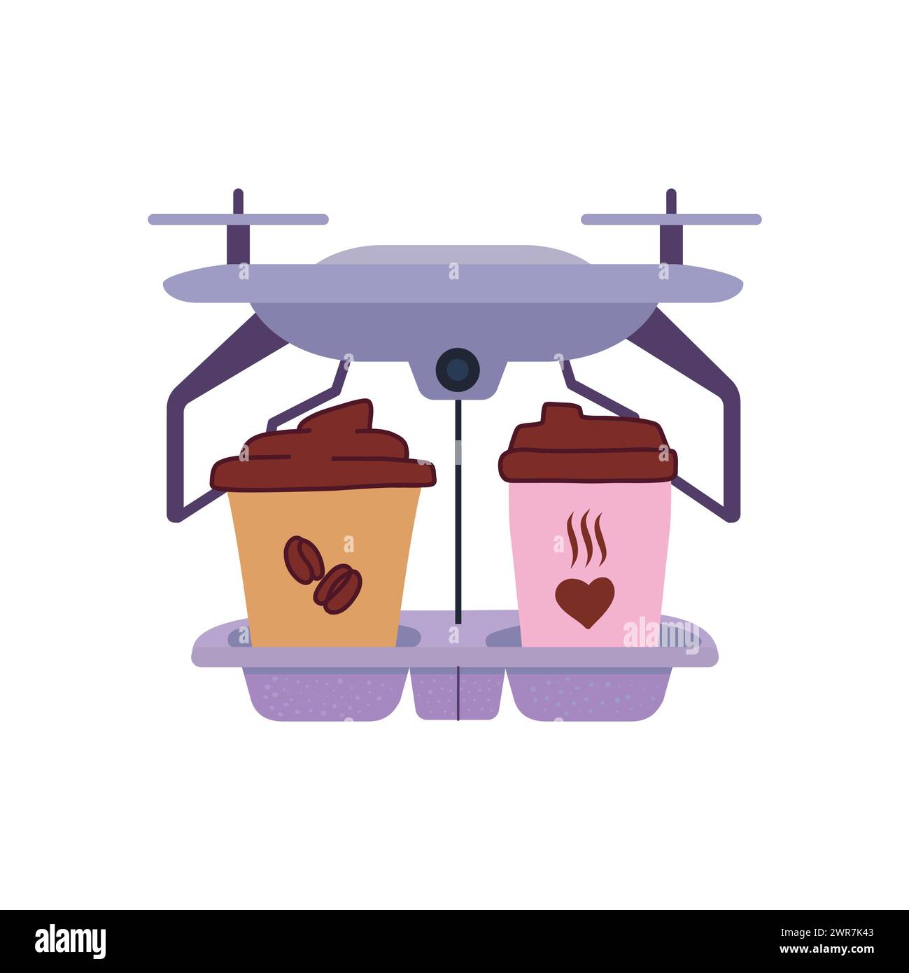 Food delivery drone. Drone Coffee Delivery Vector Illustration. Quadcopter transporting coffee ...