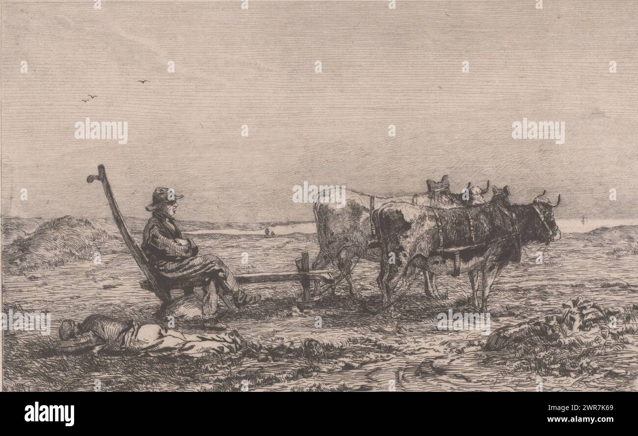 Farmers in the field with a plow and two cattle, print maker: Félix ...
