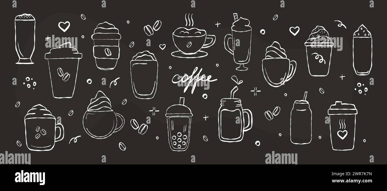 Hand drawn set of different types coffee beverage. Doodle vector ...