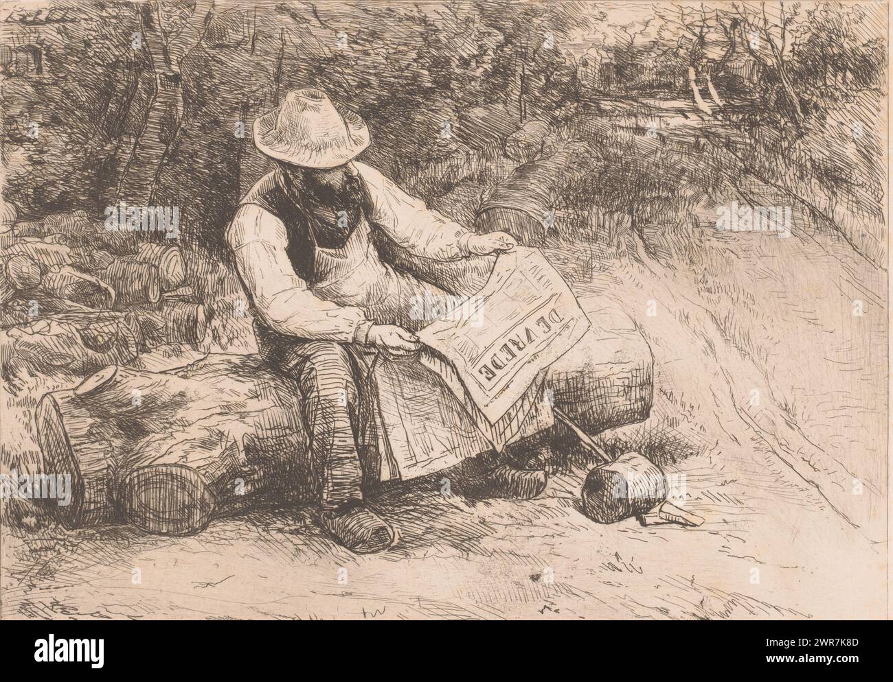 Lumberjack reading on a tree stump in the forest, print maker: Florent ...