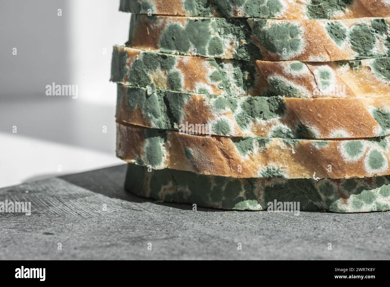 The old mold on the wheat bread slices. Spoiled food on gray stone ...