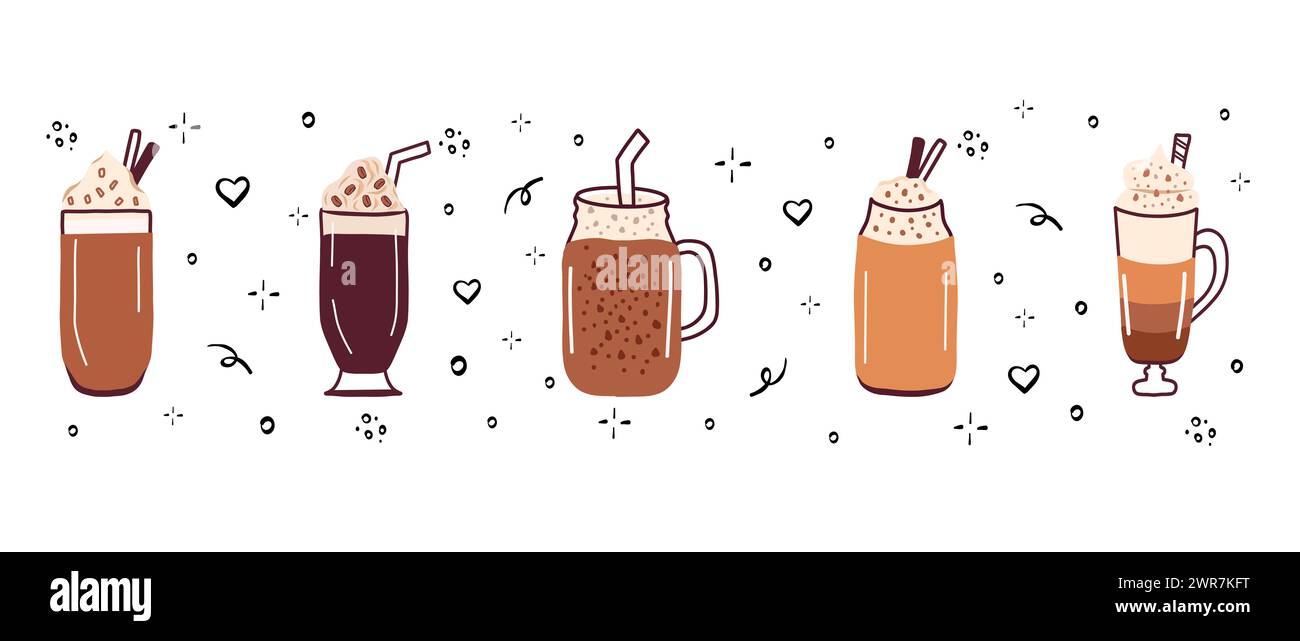 Set coffee in glass doodle style sketch. In mug, glass. Doodle vector ...