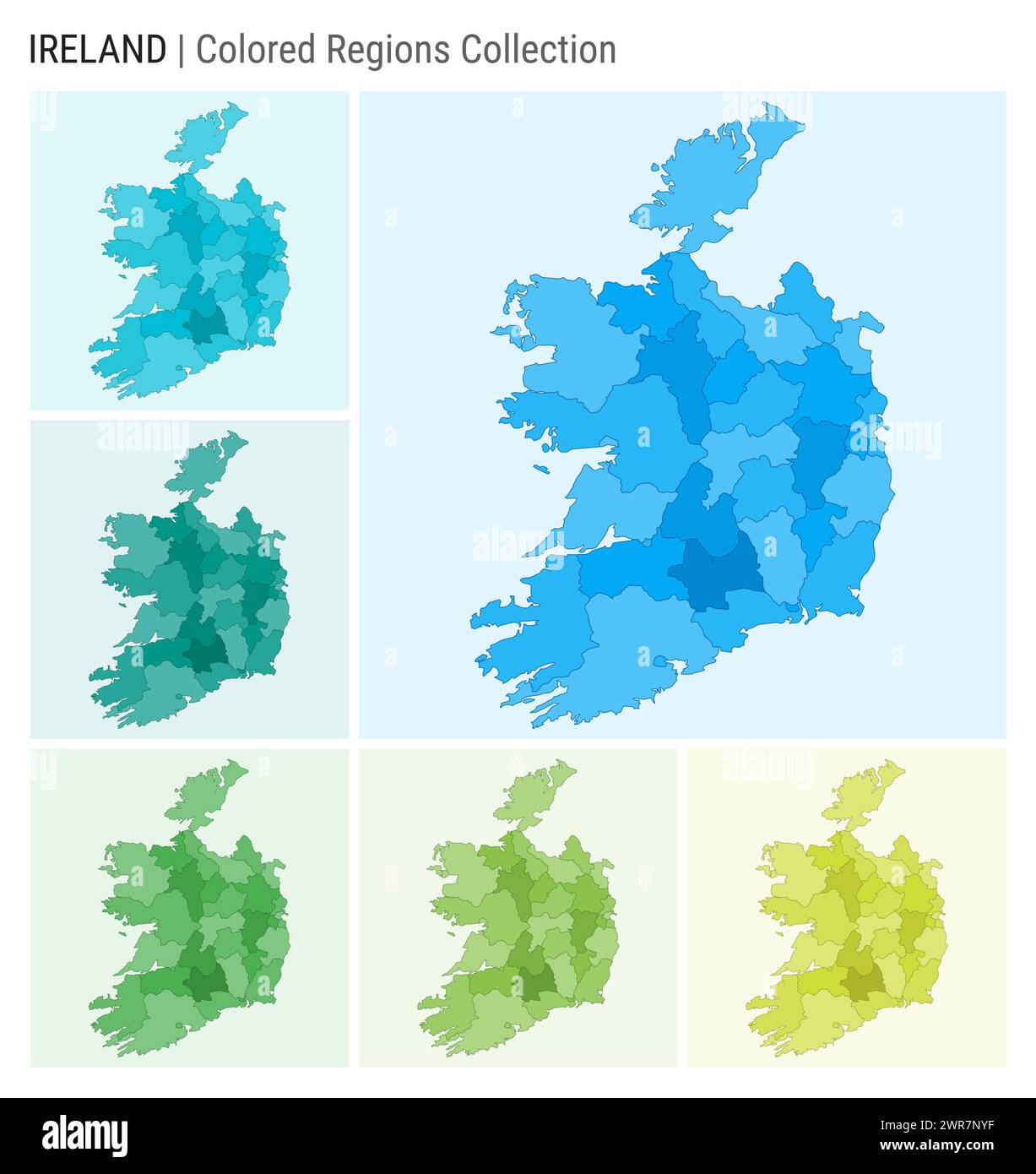 Ireland map collection. Country shape with colored regions. Light Blue ...