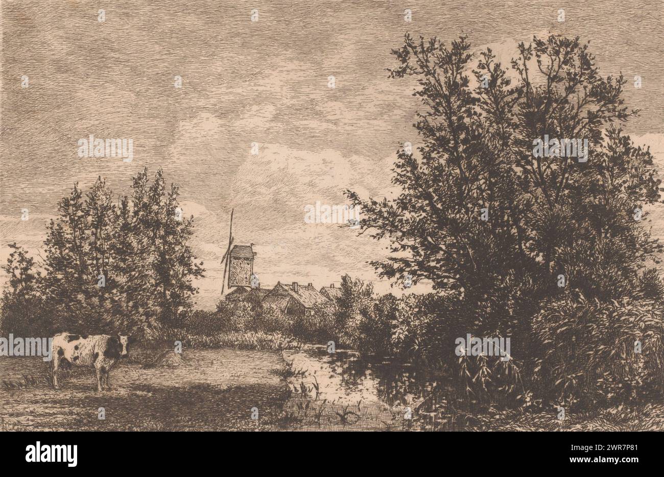 Landscape with mill and cow, print maker: Alfred Elsen, 1860 - 1910 ...
