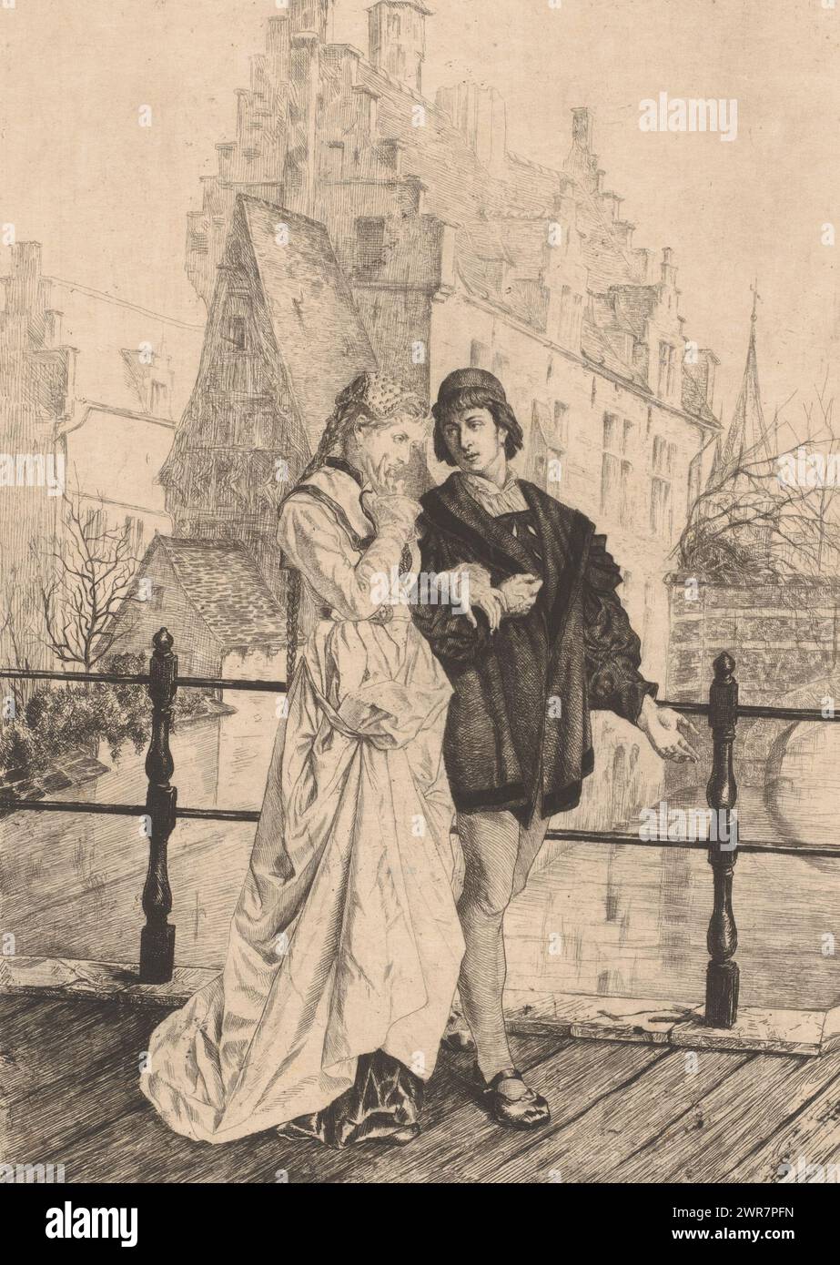 Young couple walking arm in arm across a bridge, The couple wears ...