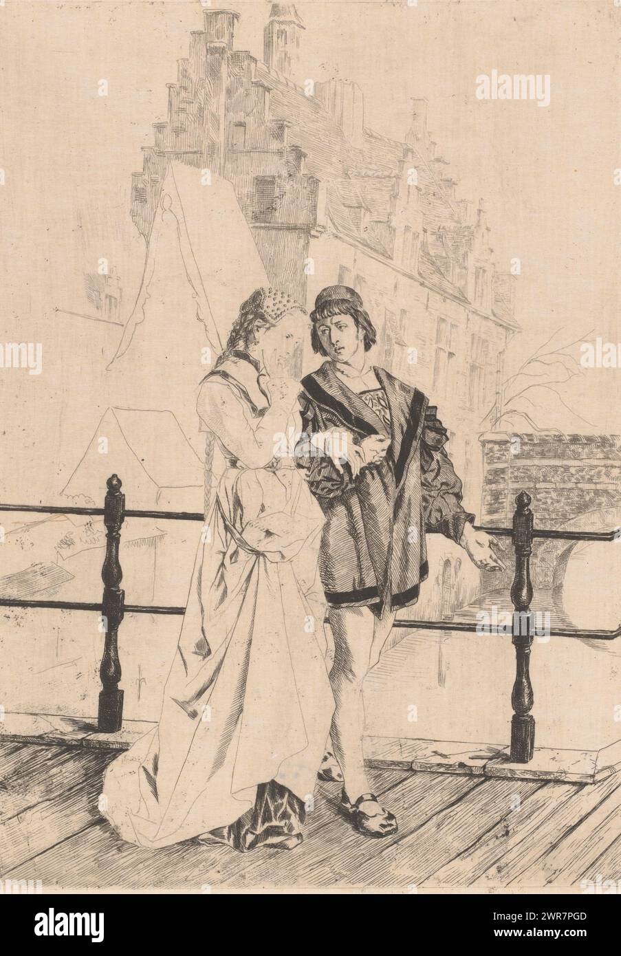 Young couple walking arm in arm across a bridge, The couple wears ...