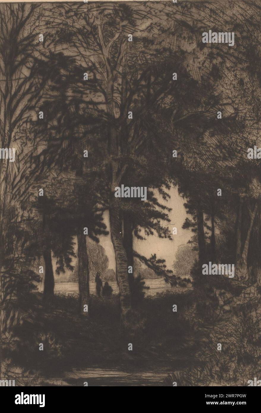 Forest view with two figures, print maker: Jules Marie Armand Goethals ...