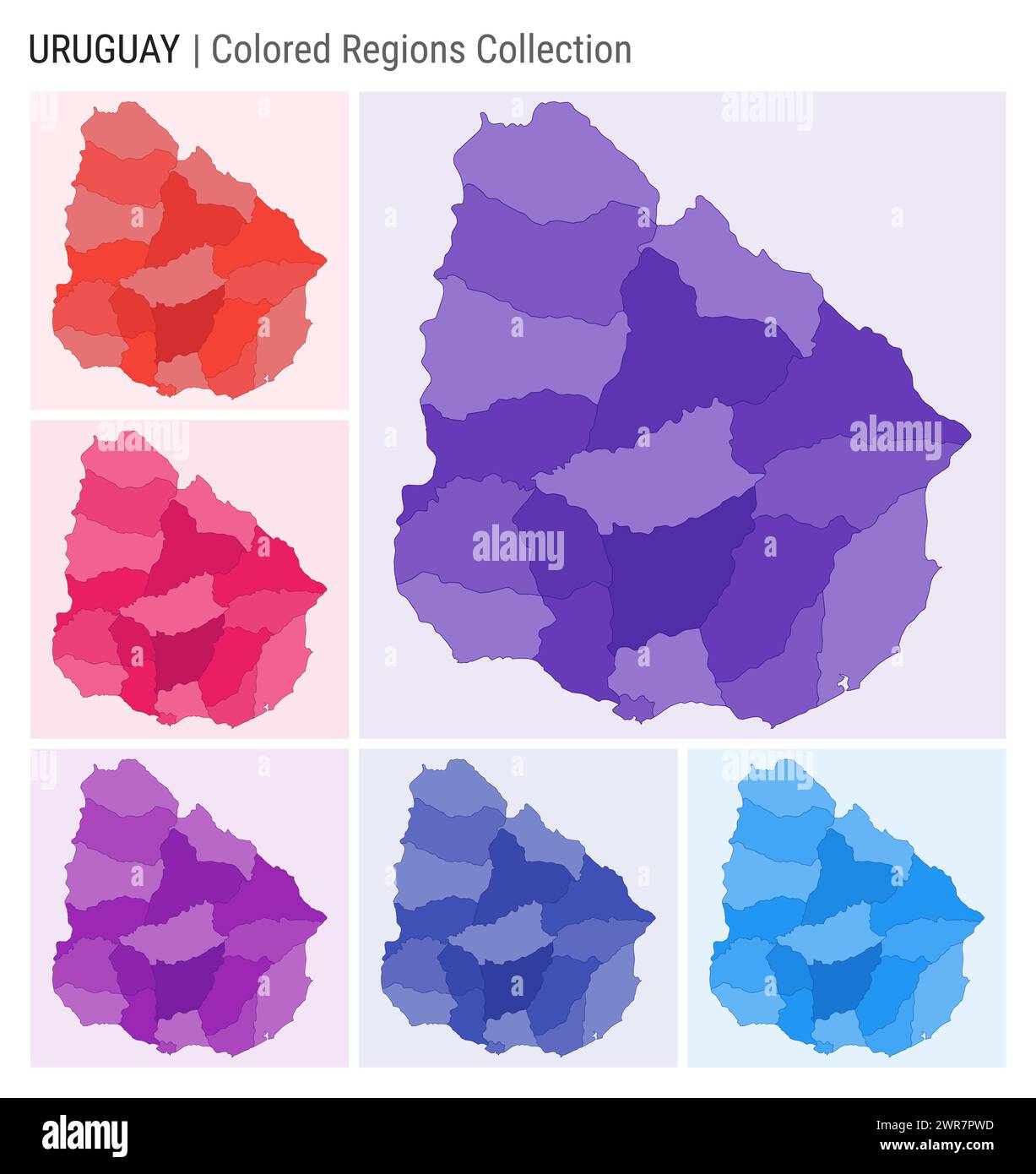 Uruguay map collection. Country shape with colored regions. Deep Purple ...