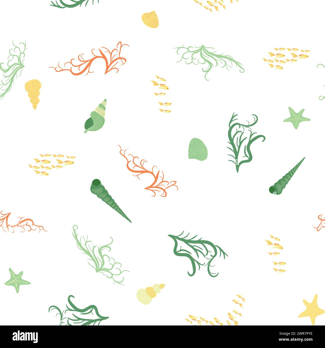 Yellow Seamless pattern with starfish, corals, pearls and shells ...