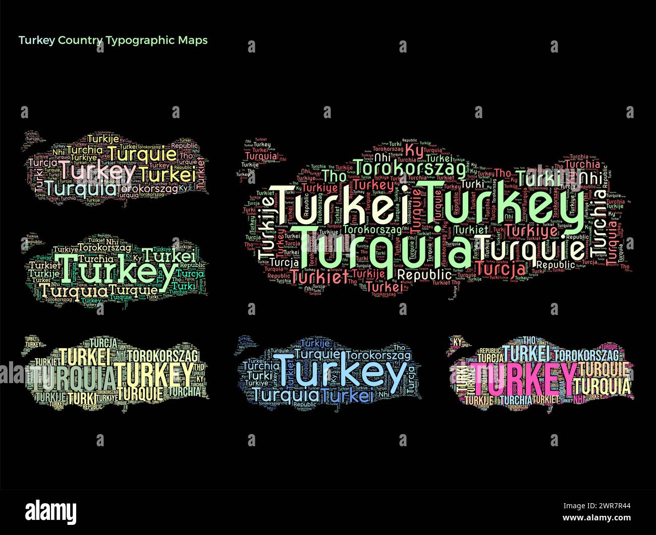 Turkey. Set of typography style country illustrations. Turkey map shape ...