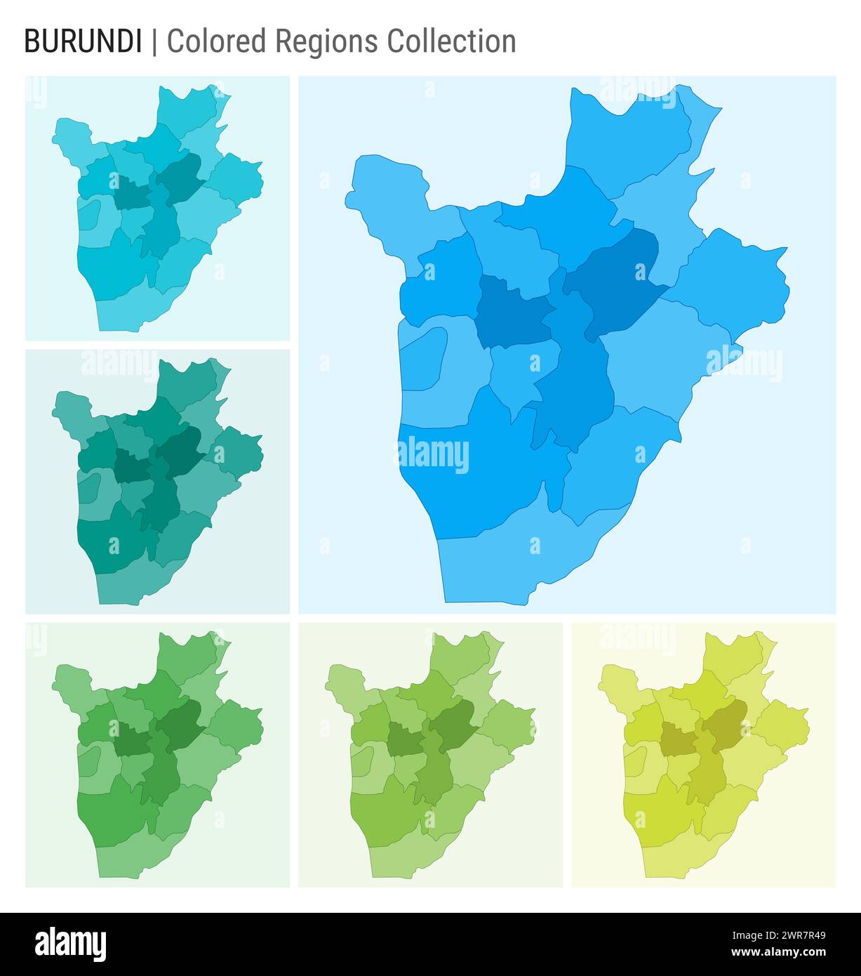 Burundi map collection. Country shape with colored regions. Light Blue ...