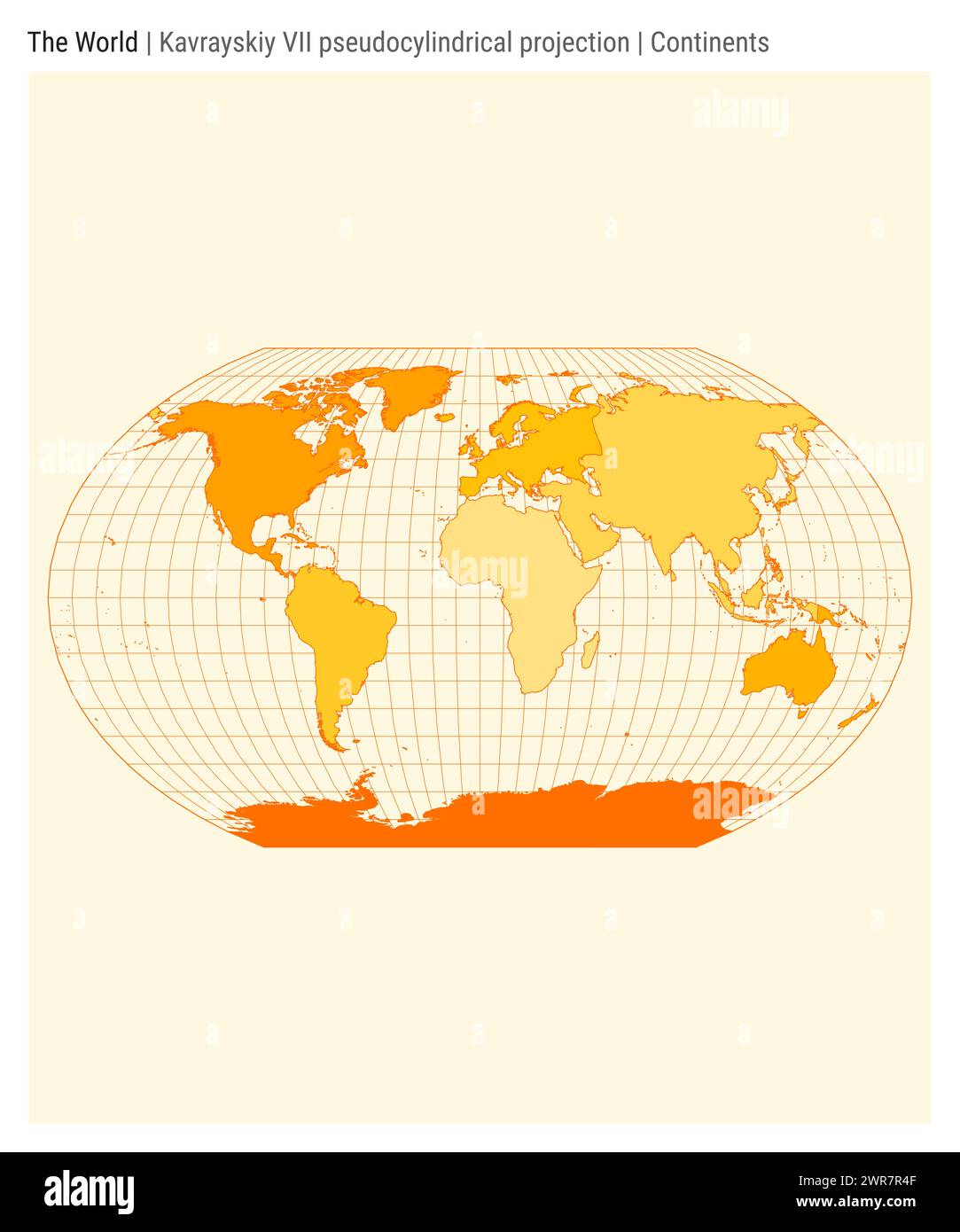 World Map Kavrayskiy Vii Pseudocylindrical Projection Continents Style High Detail World Map