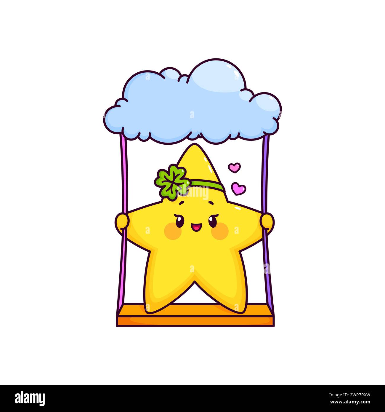 Cartoon cute funny kawaii star and twinkle character swings joyfully on ...