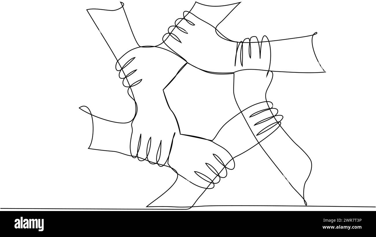 Continuous line of men giving high fives gesture hands to celebrate success. Business teamwork ...