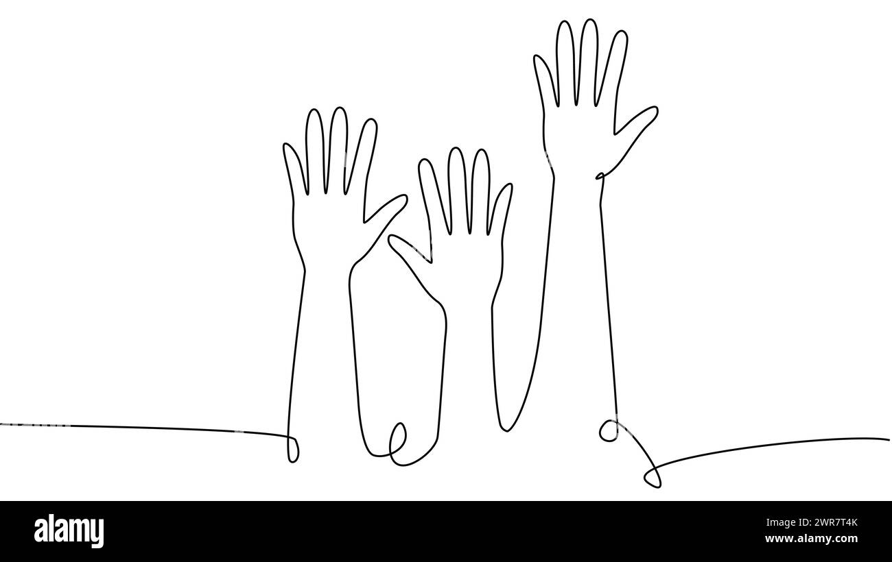 continuous single line drawing of a group of hands raised up. The ...