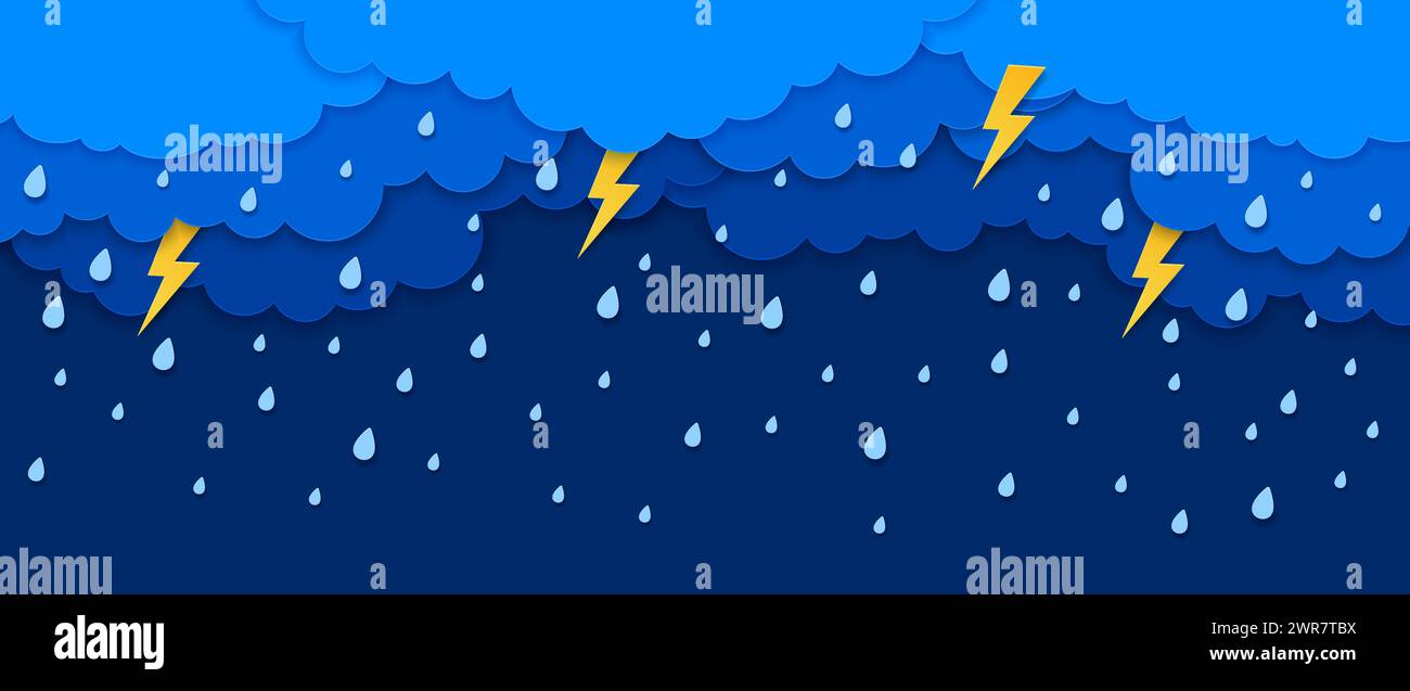 Paper cut rain clouds with water drops and lightning thunderstorm ...