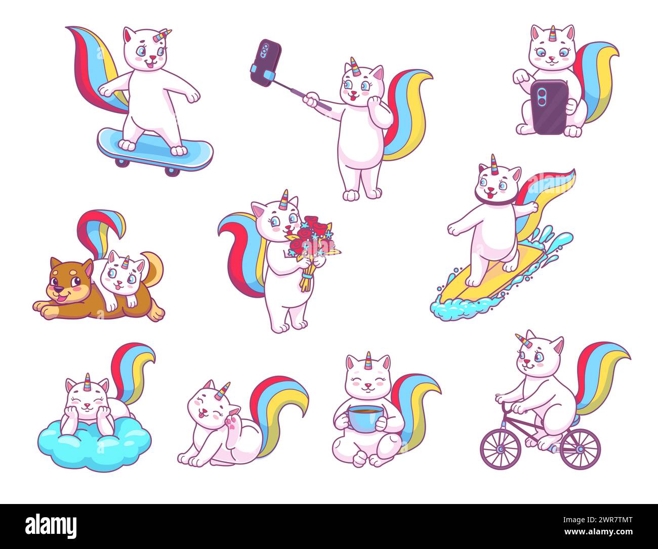 Cartoon cute caticorn cat and kitten characters, kawaii pet animals ...