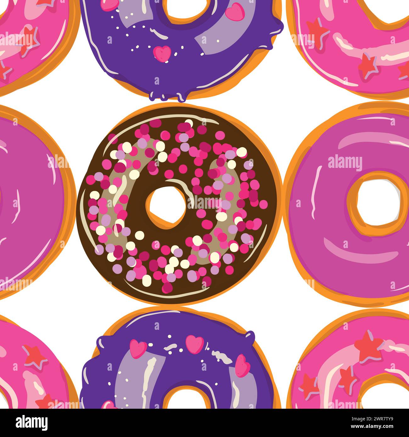 Seamless donut pattern on white background with various pink and ...