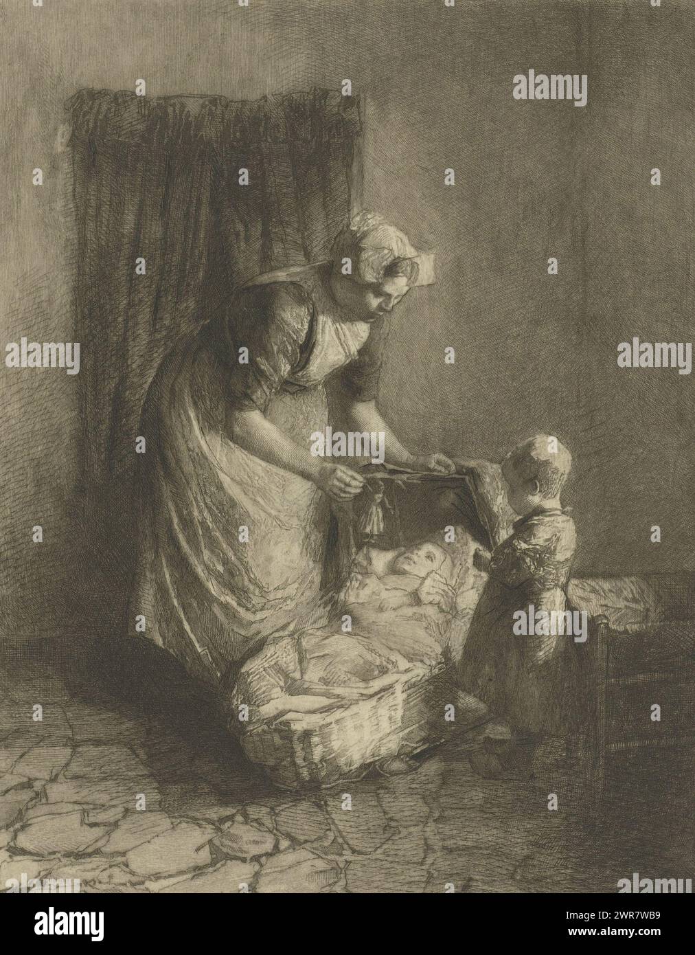 Farmer's wife near a cradle, In an austere room, a farmer's wife and a ...