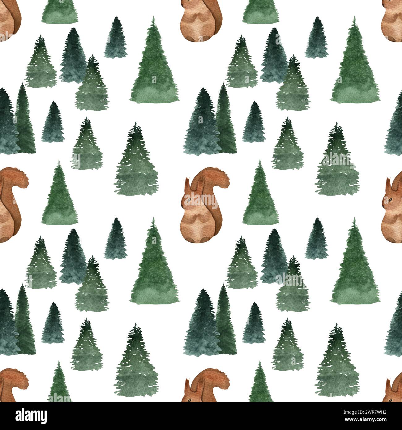 Watercolor seamless pattern with squirrel and pine trees. For wrapping ...