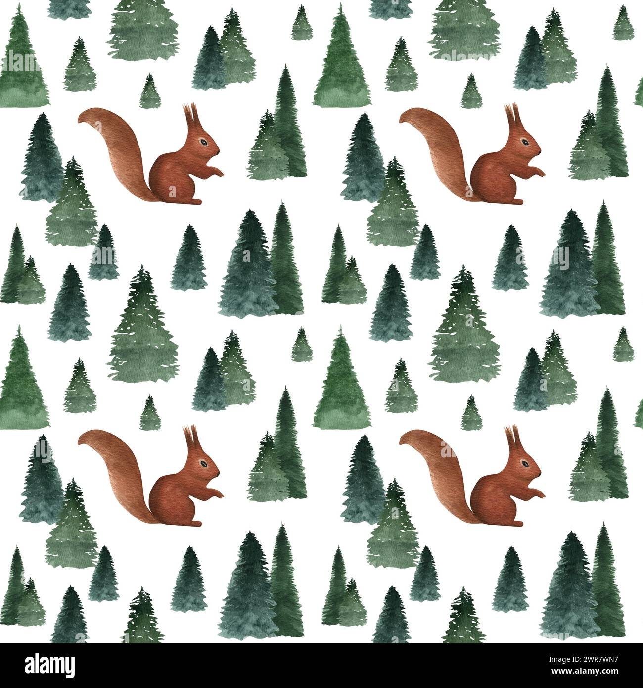 Watercolor seamless pattern with squirrel and pine trees. For wrapping ...