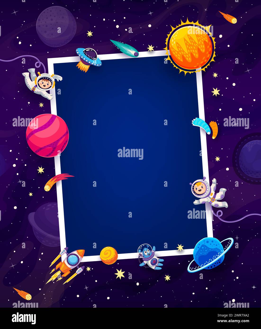 Birthday photo frame with kid astronauts in galaxy space and alien UFO ...