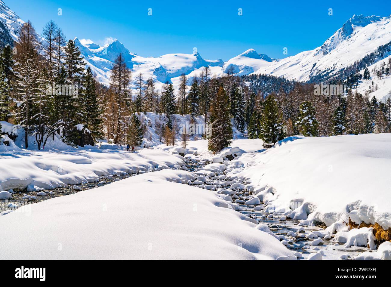 Val Roseg, in Engadine, Switzerland, in winter, with snow-covered cross ...