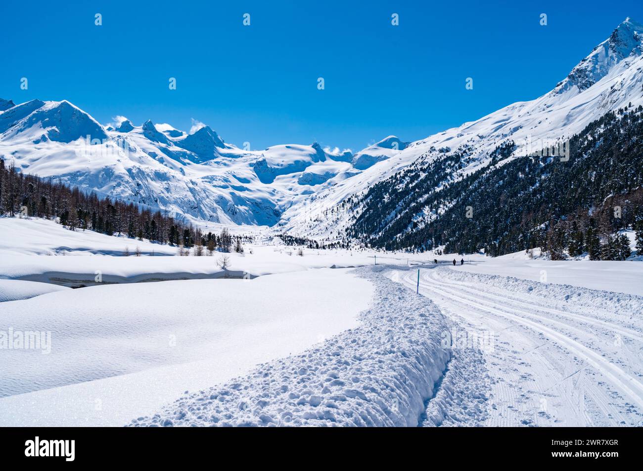 Val Roseg, in Engadine, Switzerland, in winter, with snow-covered cross ...