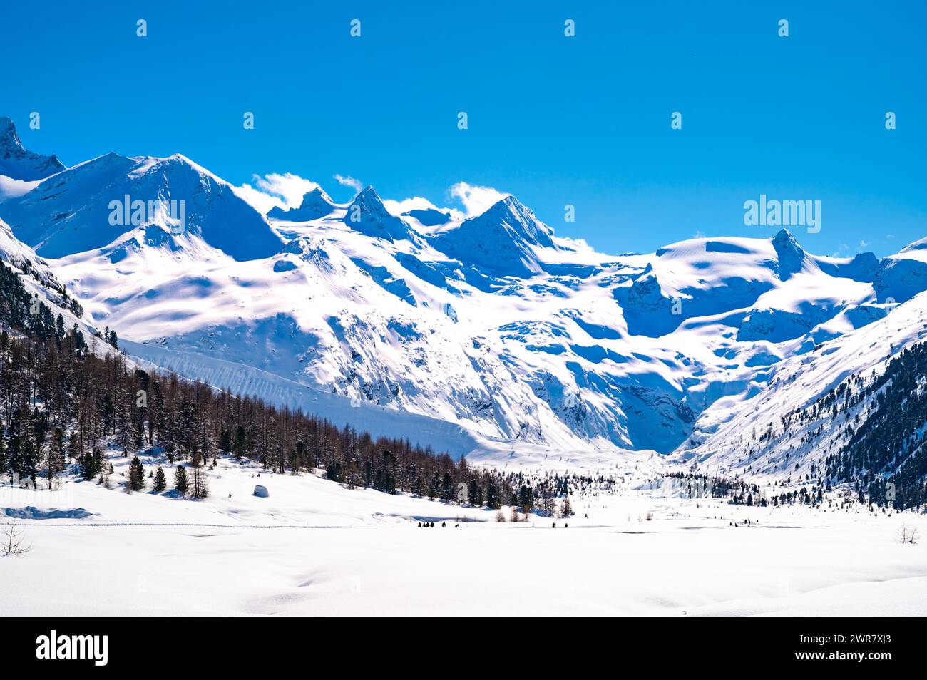 Val Roseg, in Engadine, Switzerland, in winter, with snow-covered cross ...