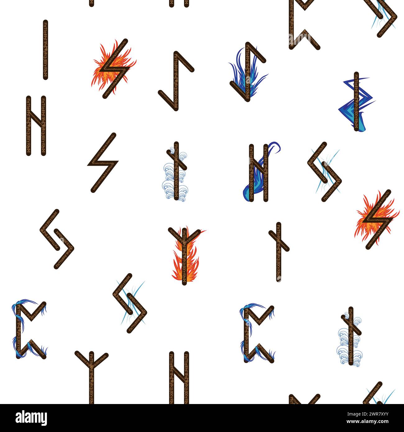 Hand drawn runic letters seamless pattern with elemental symbols. Magic ...