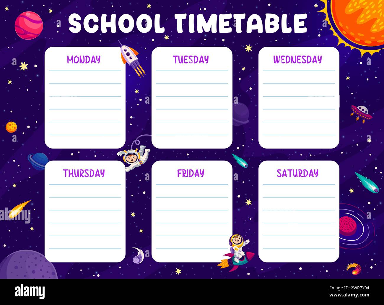 Education timetable schedule. Galaxy space landscape, kid astronaut and ...