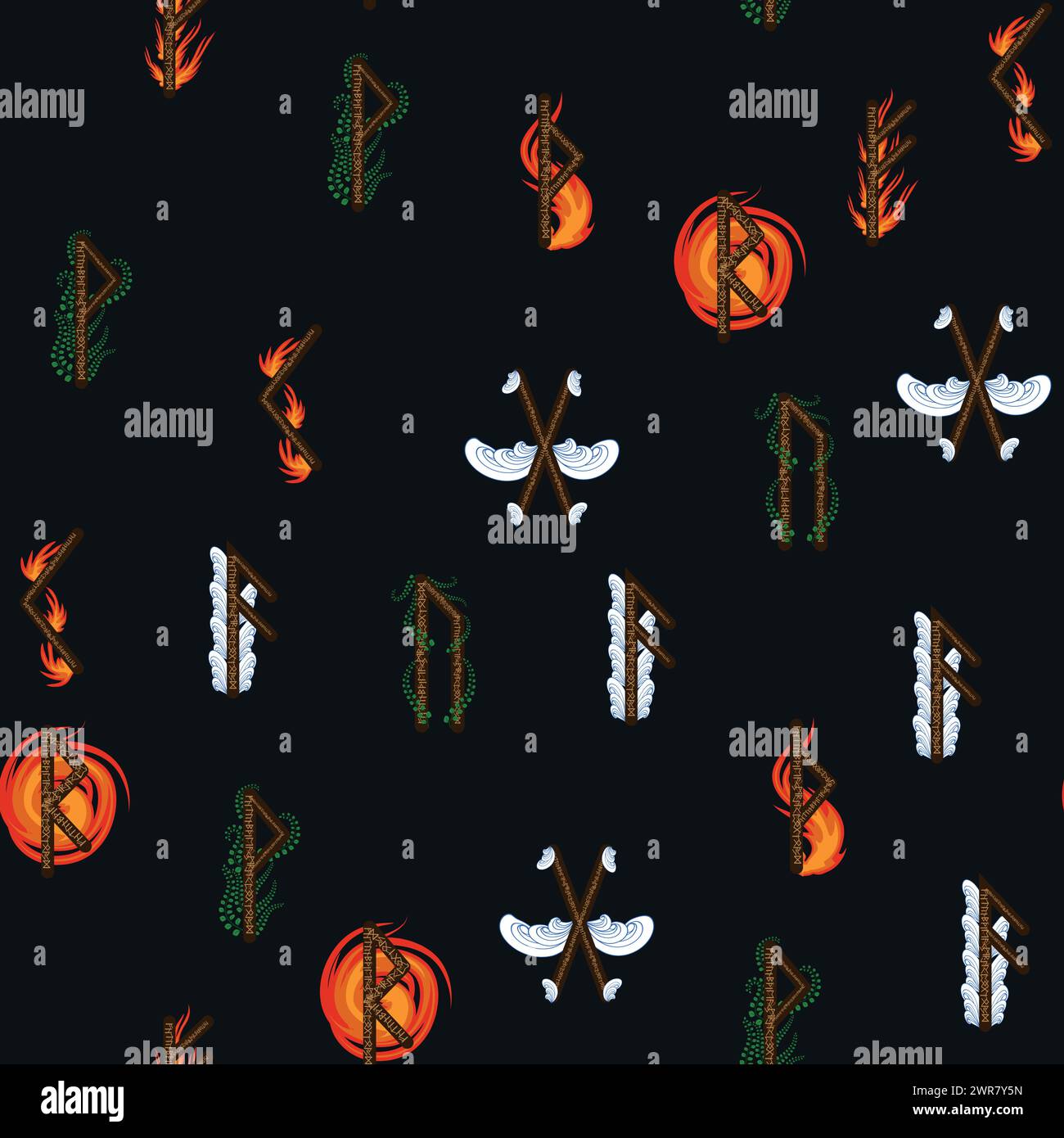 Hand drawn runic letters seamless pattern with elemental symbols. Magic ...