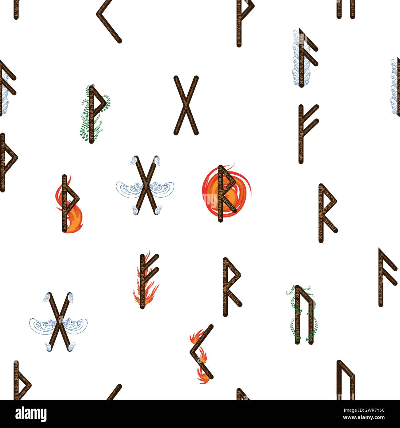 Hand drawn runic letters seamless pattern with elemental symbols. Magic ...