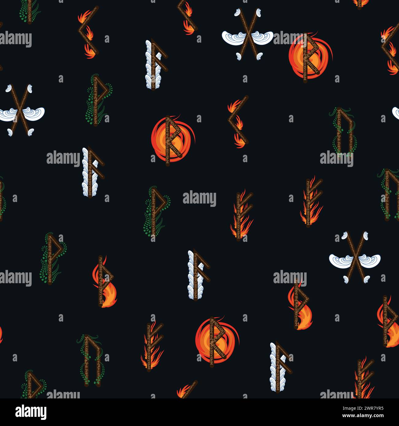 Hand drawn runic letters seamless pattern with elemental symbols. Magic ...
