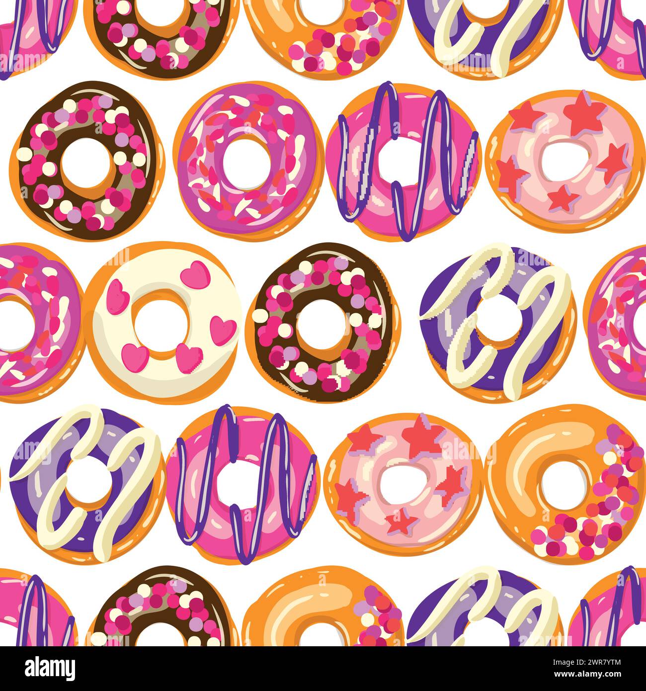 Seamless donut pattern on white background with various pink and ...
