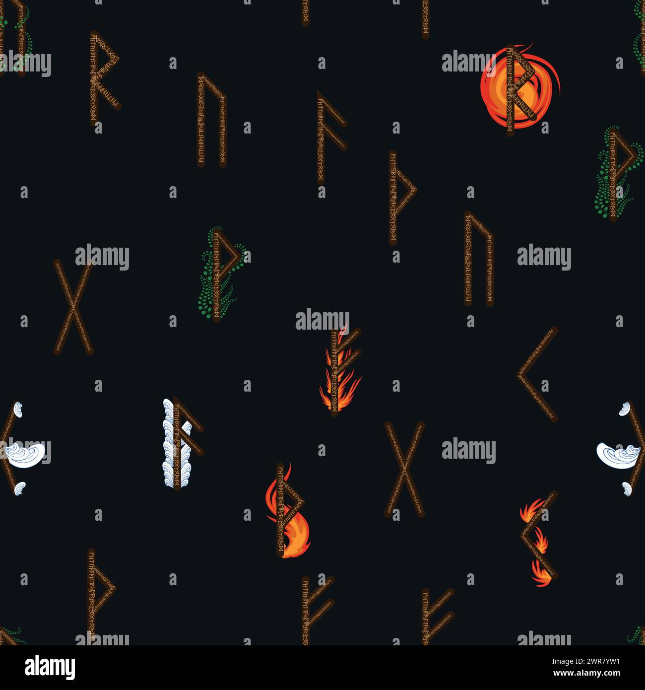Hand drawn runic letters seamless pattern with elemental symbols. Magic ...