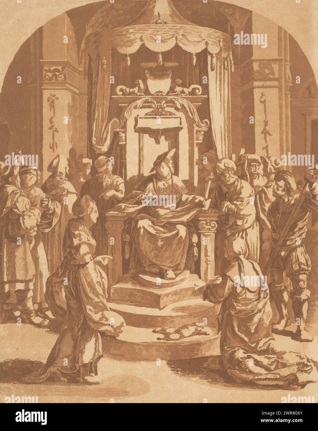 Judgment of Solomon, King Solomon sits on his throne and passes ...