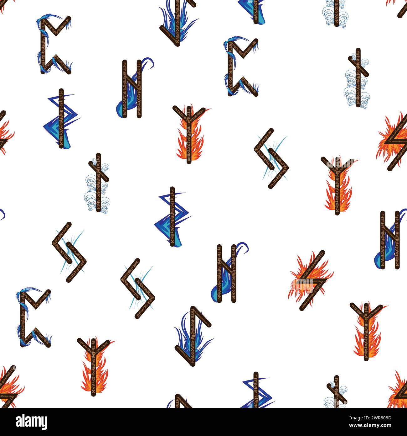 Hand drawn runic letters seamless pattern with elemental symbols. Magic ...