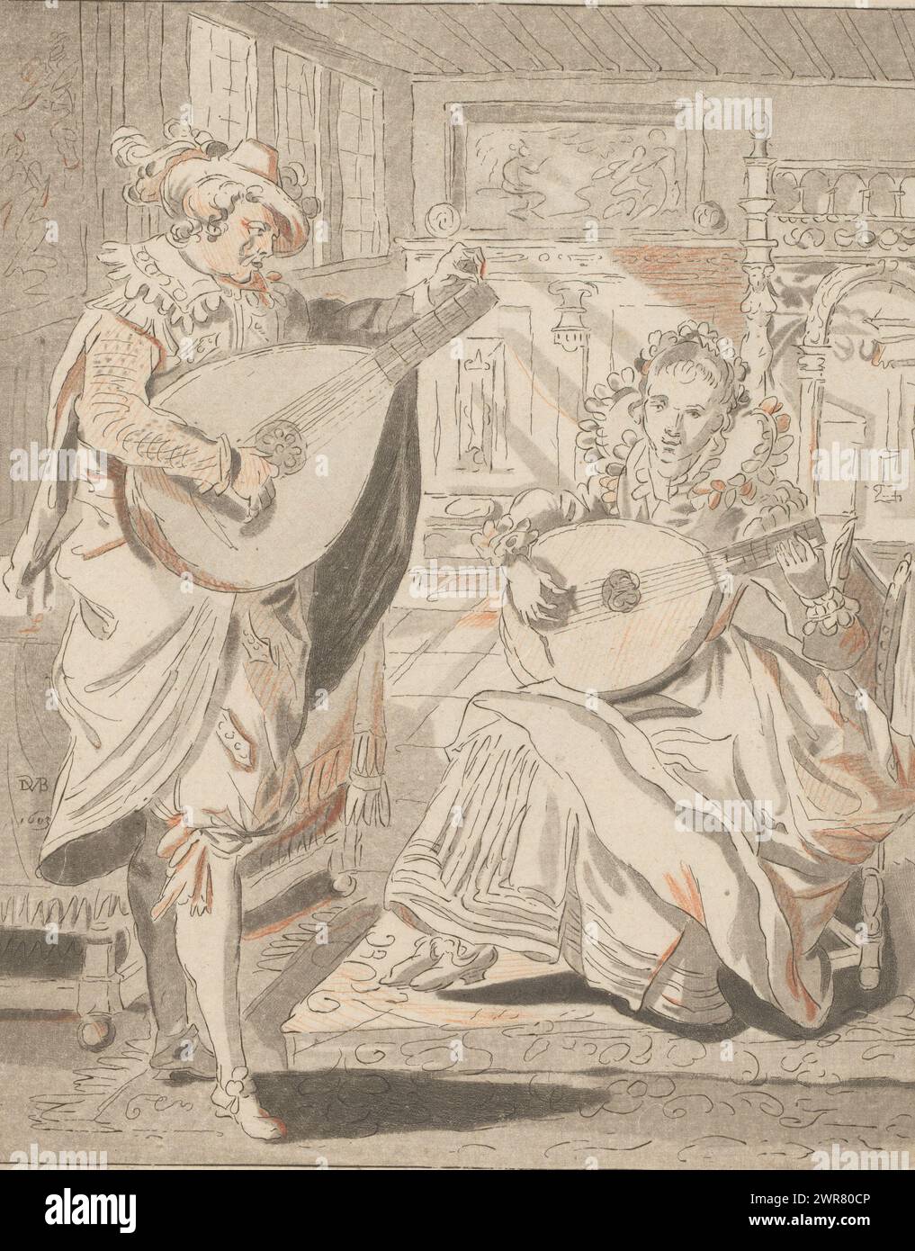 Lute-playing gentleman and lady, Interior with a man and a woman, both ...