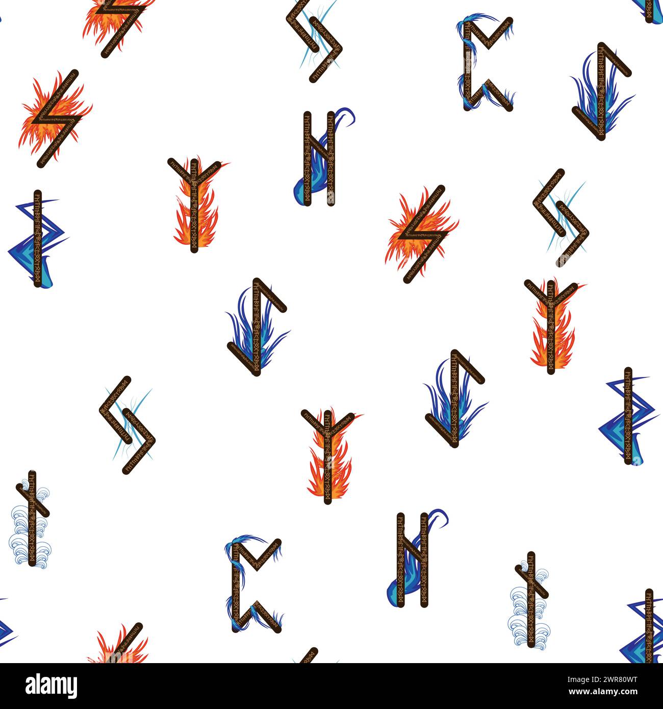 Hand drawn runic letters seamless pattern with elemental symbols. Magic ...
