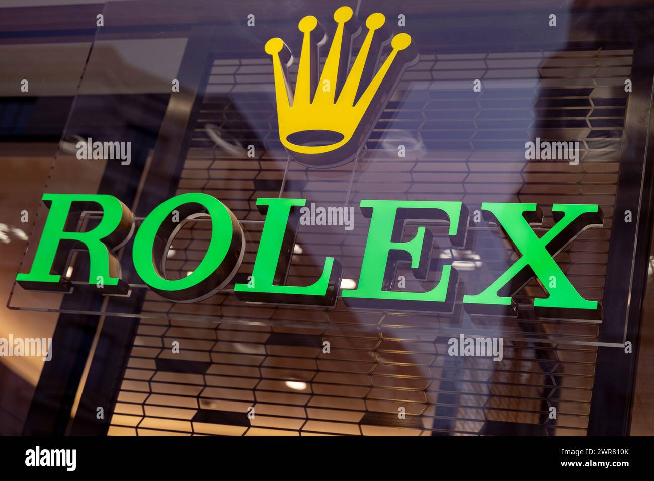 Sign for the luxury watch brand Rolex in the window of their shop on ...