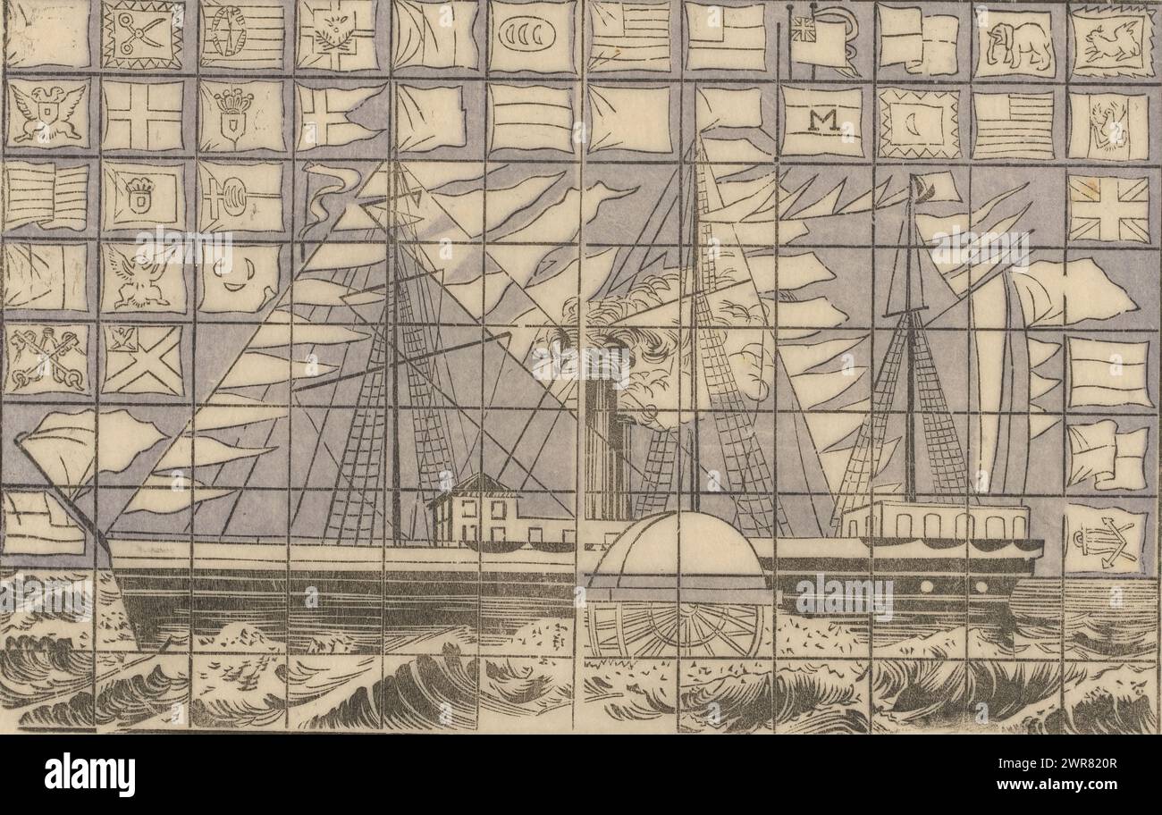 Paddle boat (bottom sheet), Outlines of paddle boat with flags ...